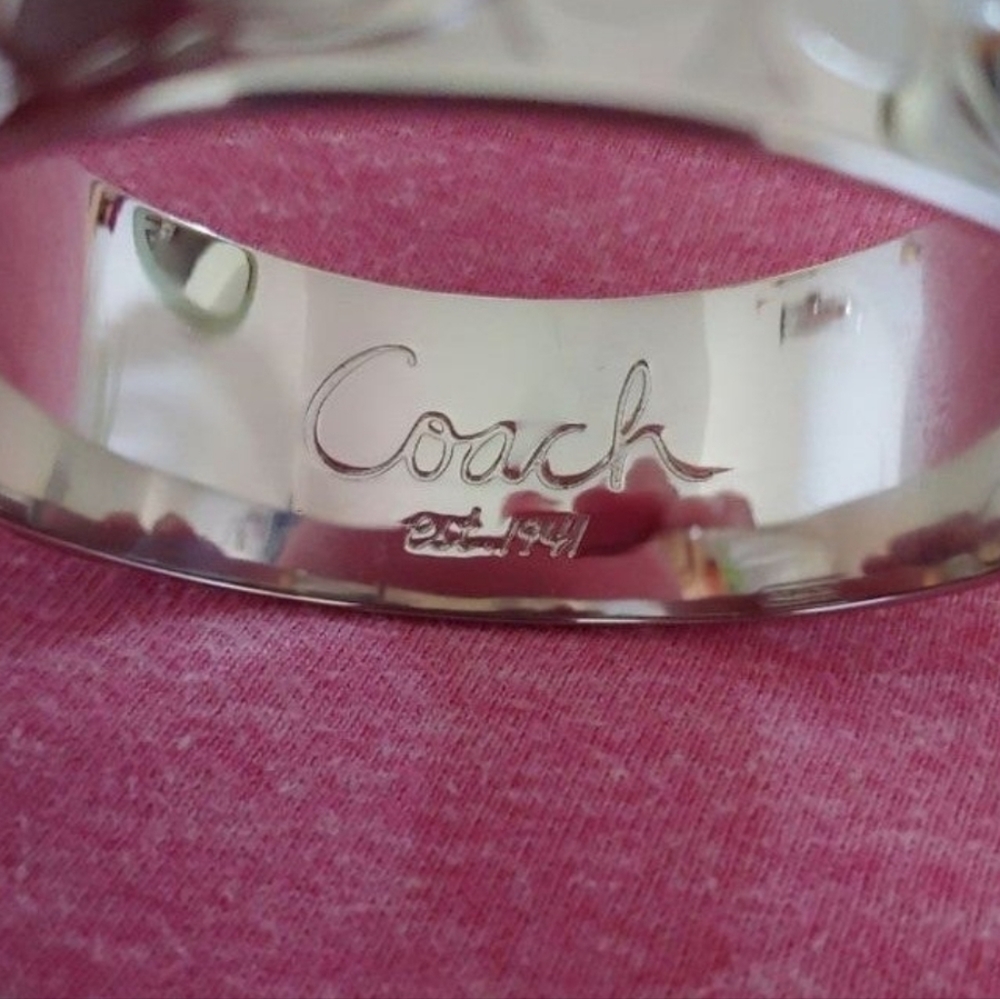 Coach Wide Silver Tone Logo Bangle Bracelet - Gem